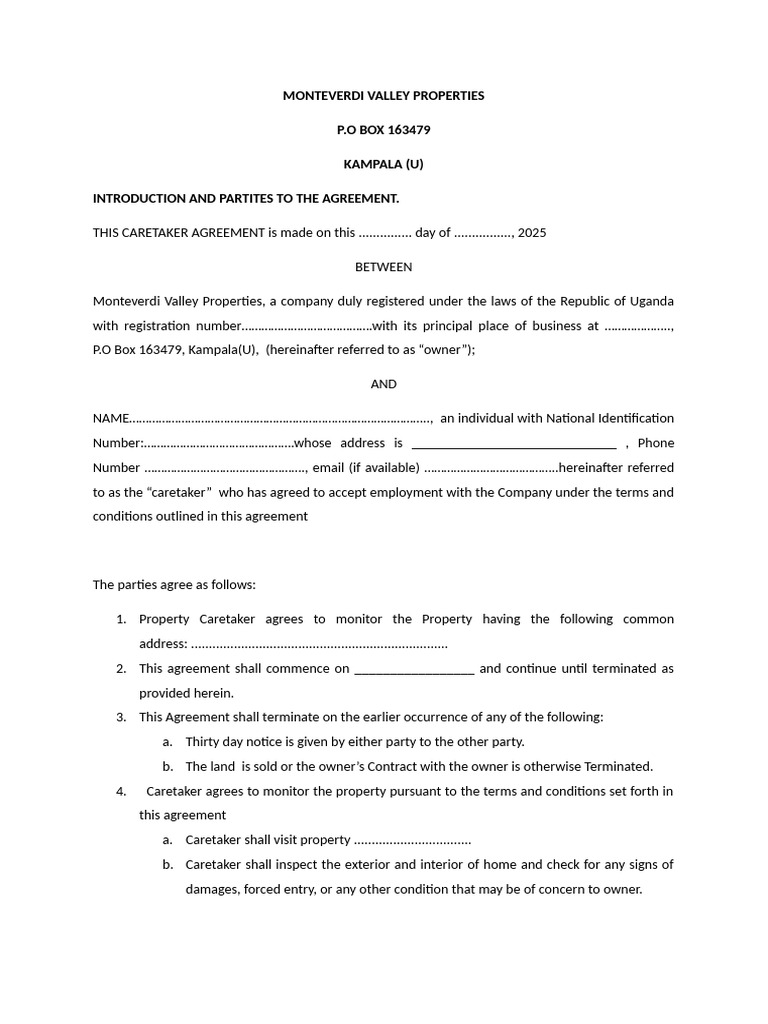 Caretaker Agreement for Property Management | PDF | Private Law ...