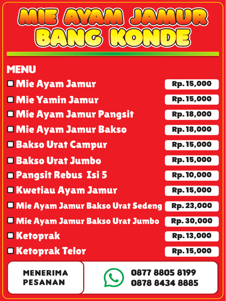 Mie Ayam Jamur Bang Konde Menu | PDF
