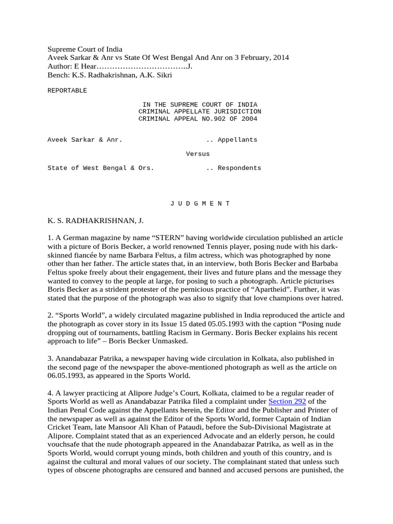 Aveek Sarkar vs West Bengal: Obscenity Case | PDF | Obscenity | Justice
