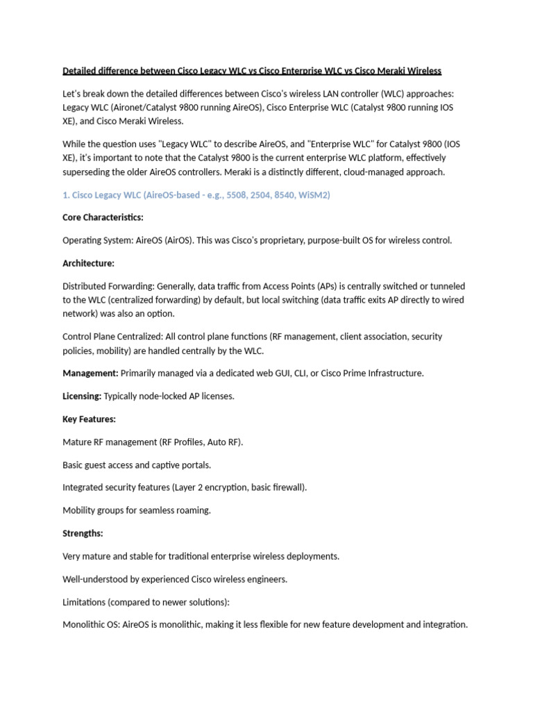 Detailed Difference Between Cisco Legacy WLC Vs Cisco Enterprise WLC Vs Cisco Meraki Wireless ...