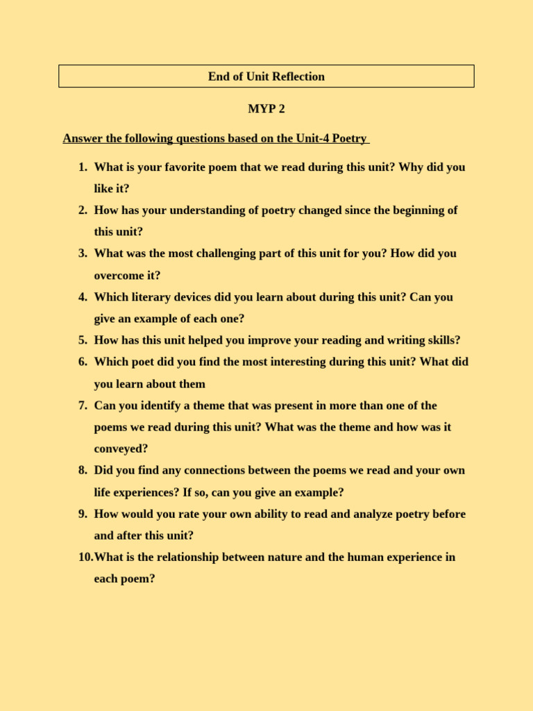 End of Unit Reflection - Poetry - MYP 2 | PDF