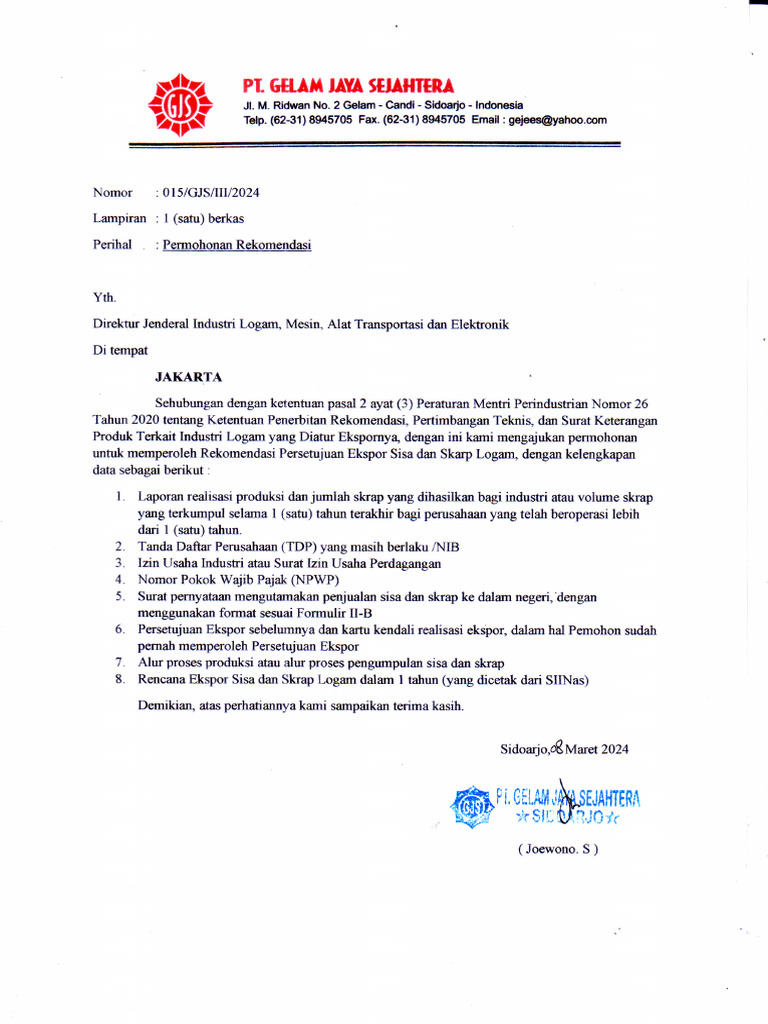 Surat Permohonan Rekom Ekspor 2024042 | PDF