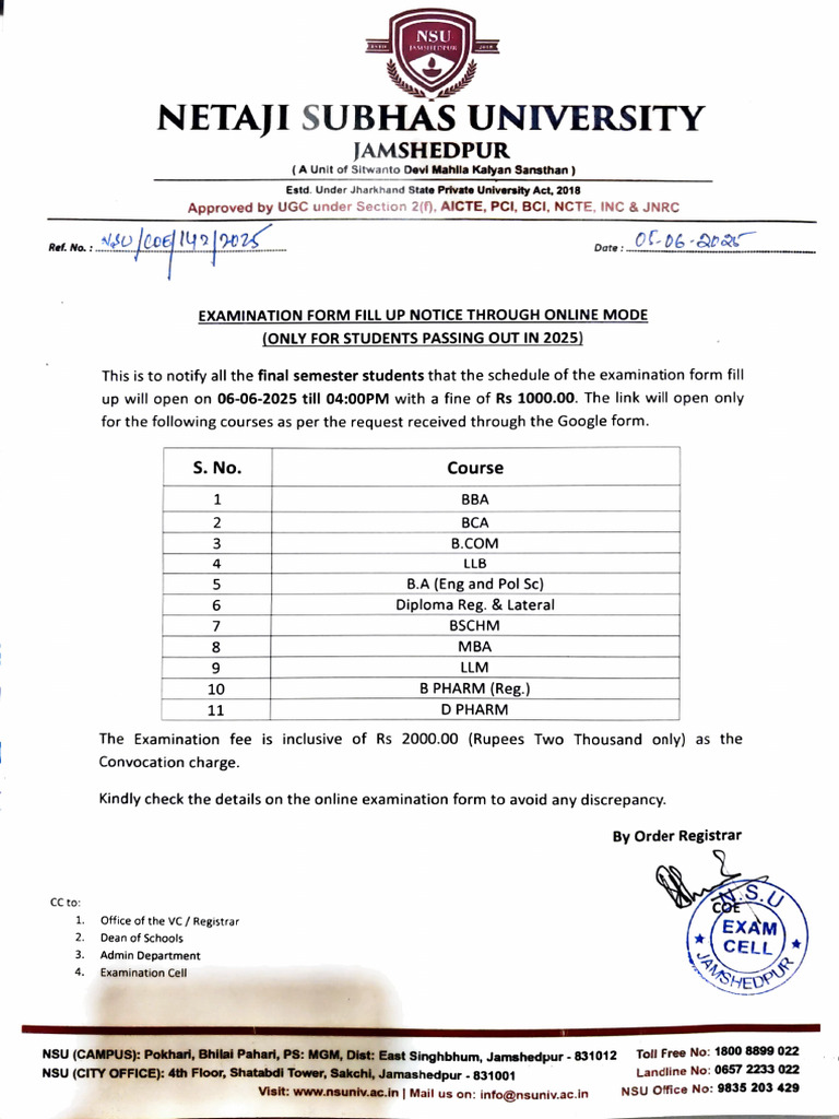 Examination Form Notice 05-06-2025 | PDF | Academic Degree