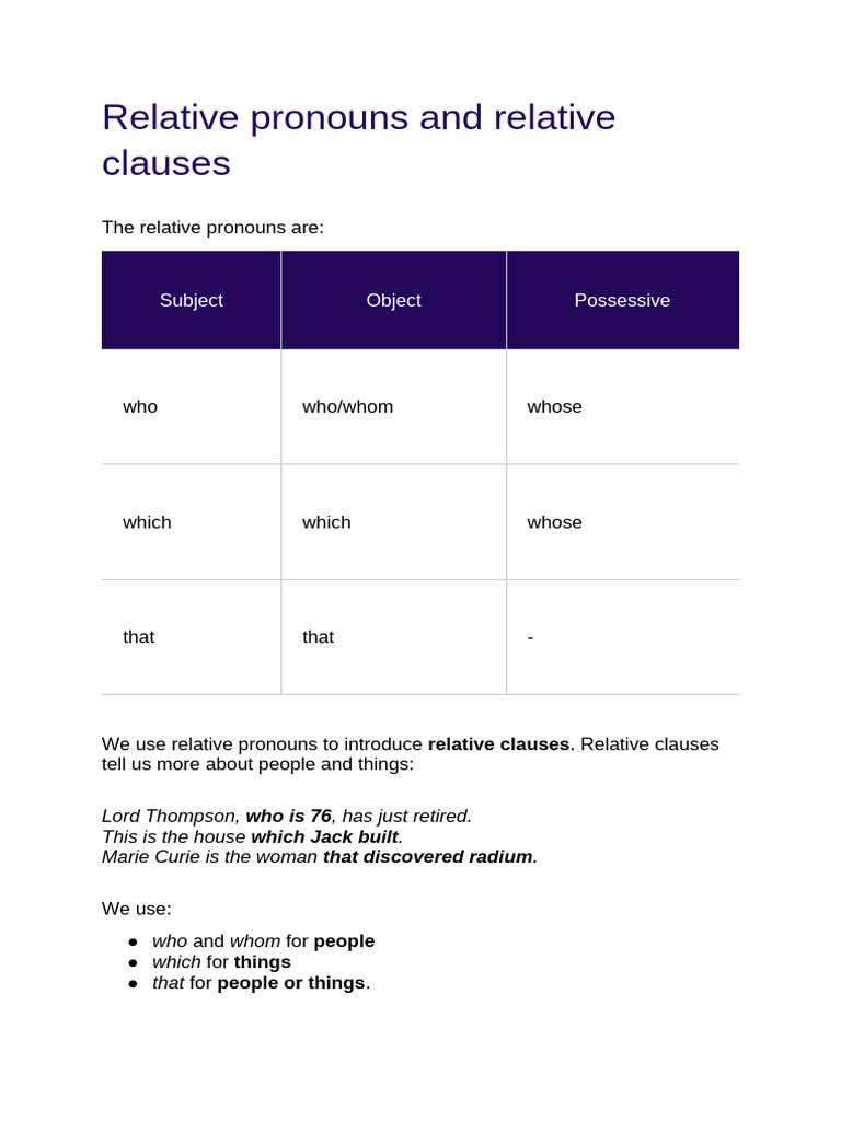Relative Pronouns and Relative Clauses | PDF | Pronoun | Subject (Grammar)