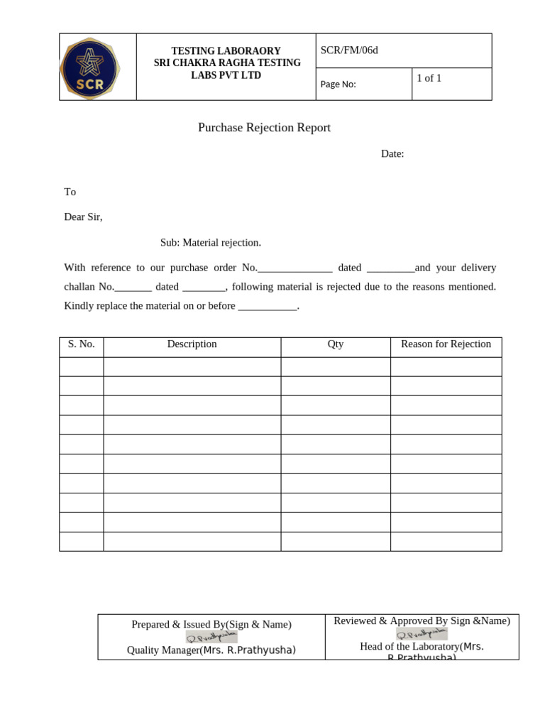 Material Rejection Report Template | PDF