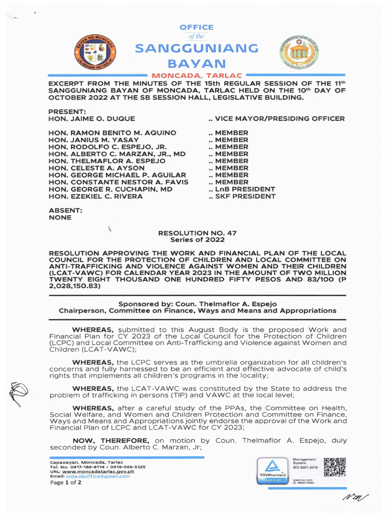 Resolution No. 47 S. 2022 - 11th SB LCPC and LCAT VAWC Plan 2023 | PDF ...