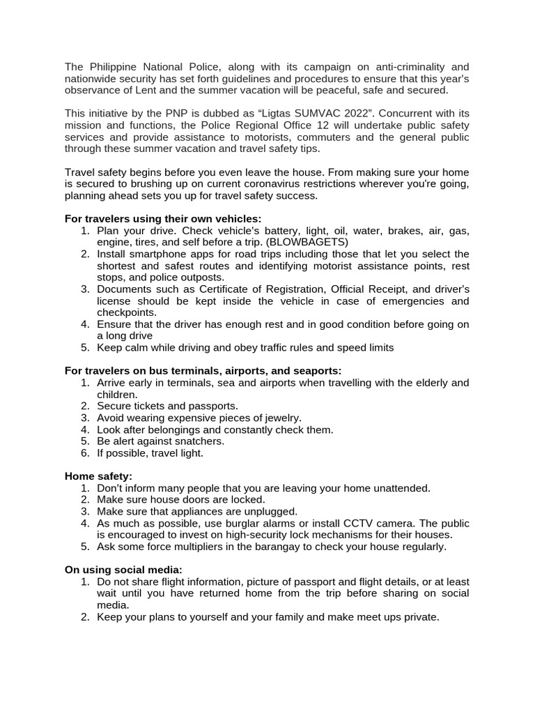 Ligtas SUMVAC 2022: Travel Safety Tips | PDF | Driving | Land Transport