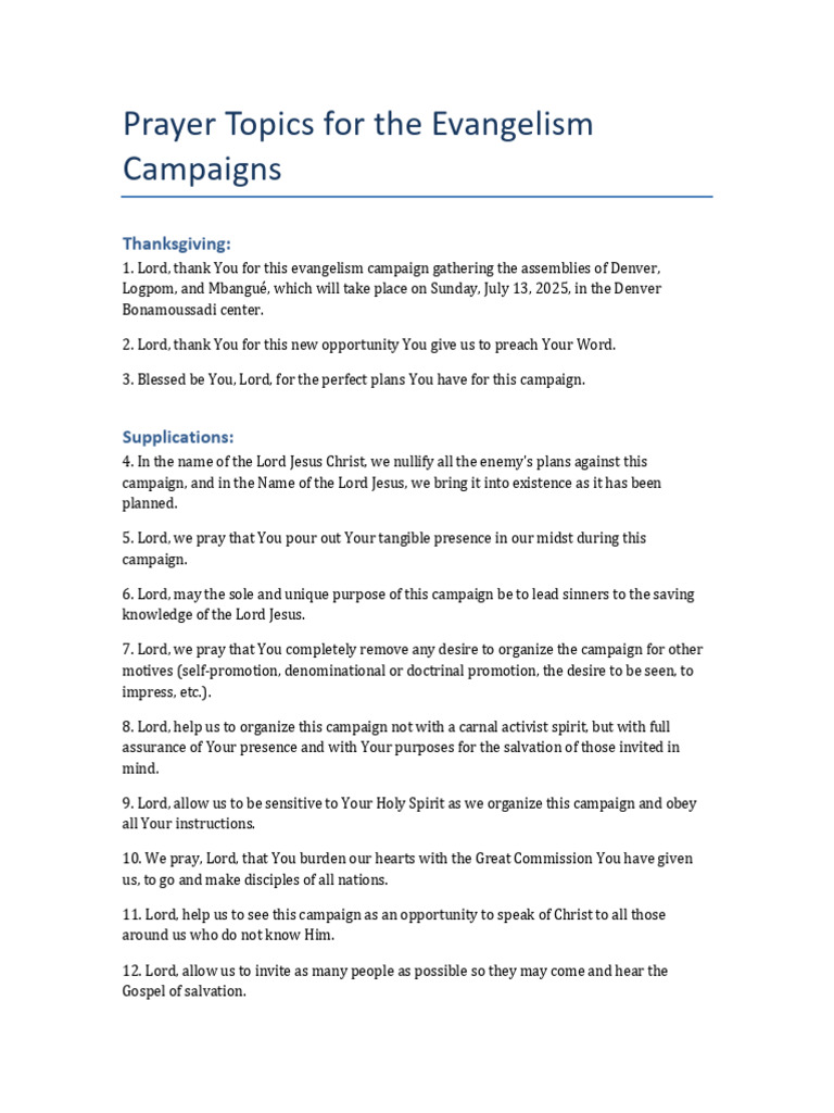 Prayer Topics Campaign Numbered | PDF | Salvation | Prayer