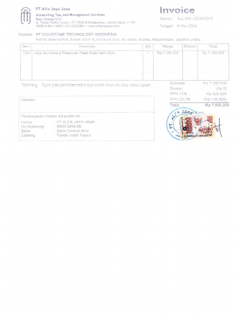 Invoice & 802 - PPN Alfa Jaya (PT Dowstone Technology Indonesia) Mei ...