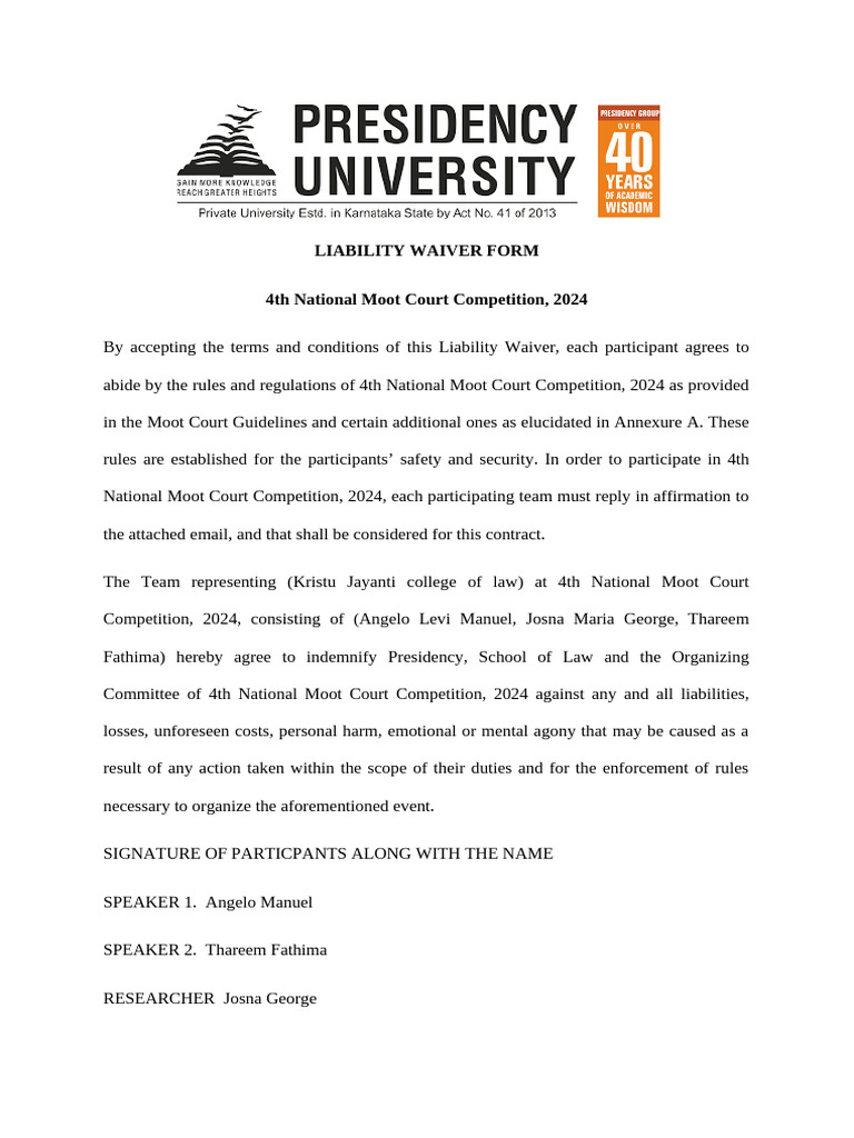Liability Waiver Form 4nmcc Presidency University Bangalore | PDF ...