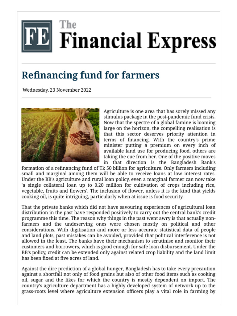 Bangladesh's Tk 50B Farmer Refinancing Fund | PDF | Agriculture | Food ...