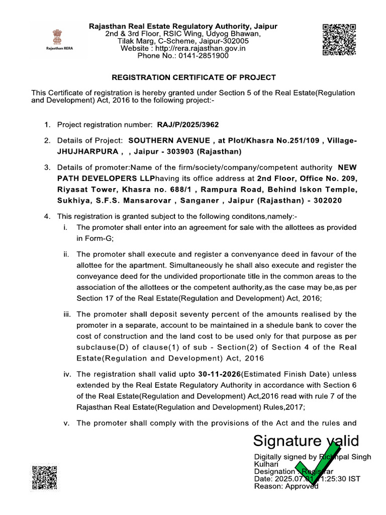 Rera Certificate-Southern Avenue | PDF