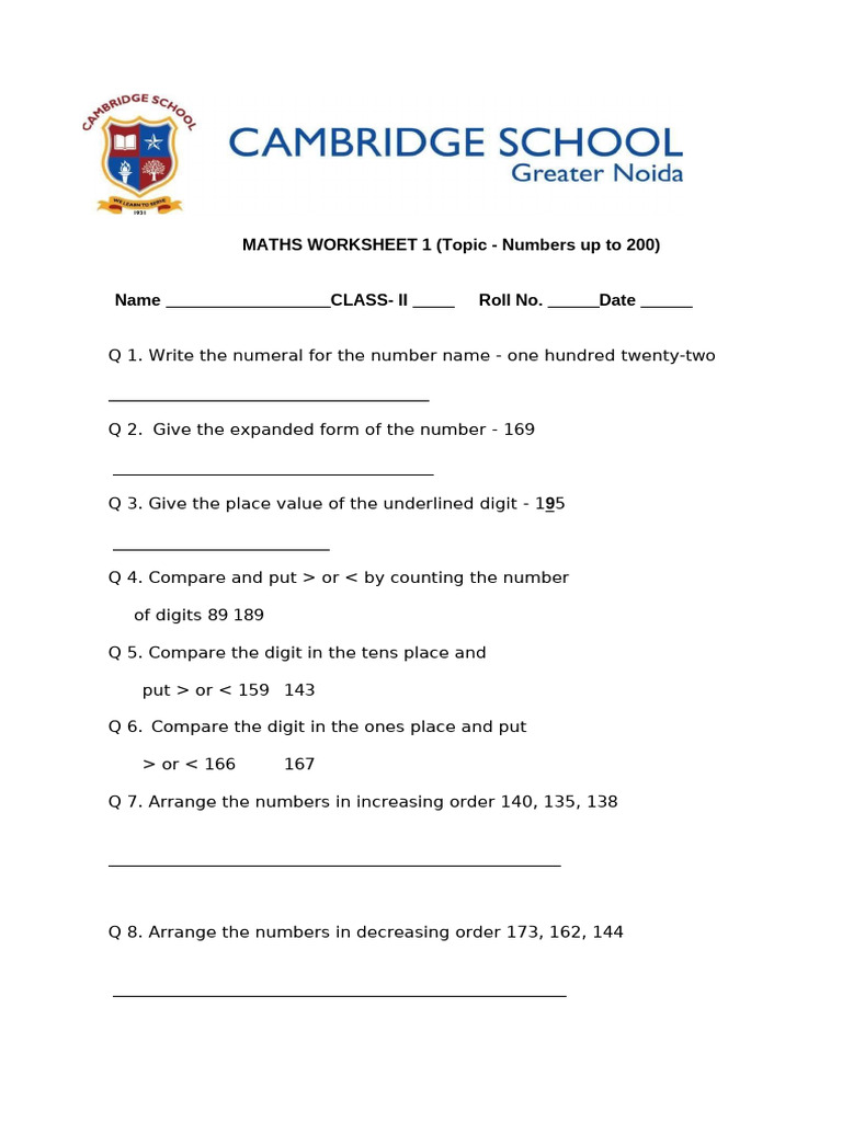 Grade 2 Numbers Up to 200 Worksheet | PDF