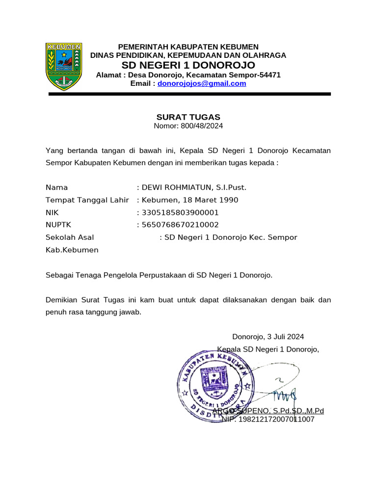 Surat Tugas SD Donorojo | PDF