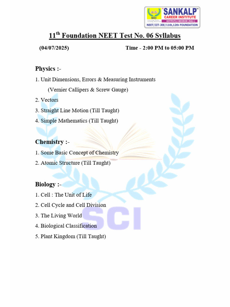NEET 11th Foundation Test 06 Syllabus | PDF
