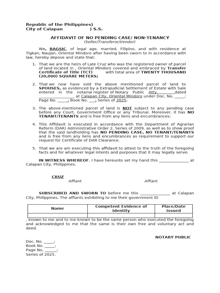 Affidavit of No Pending Case in Calapan | PDF | Affidavit | Justice