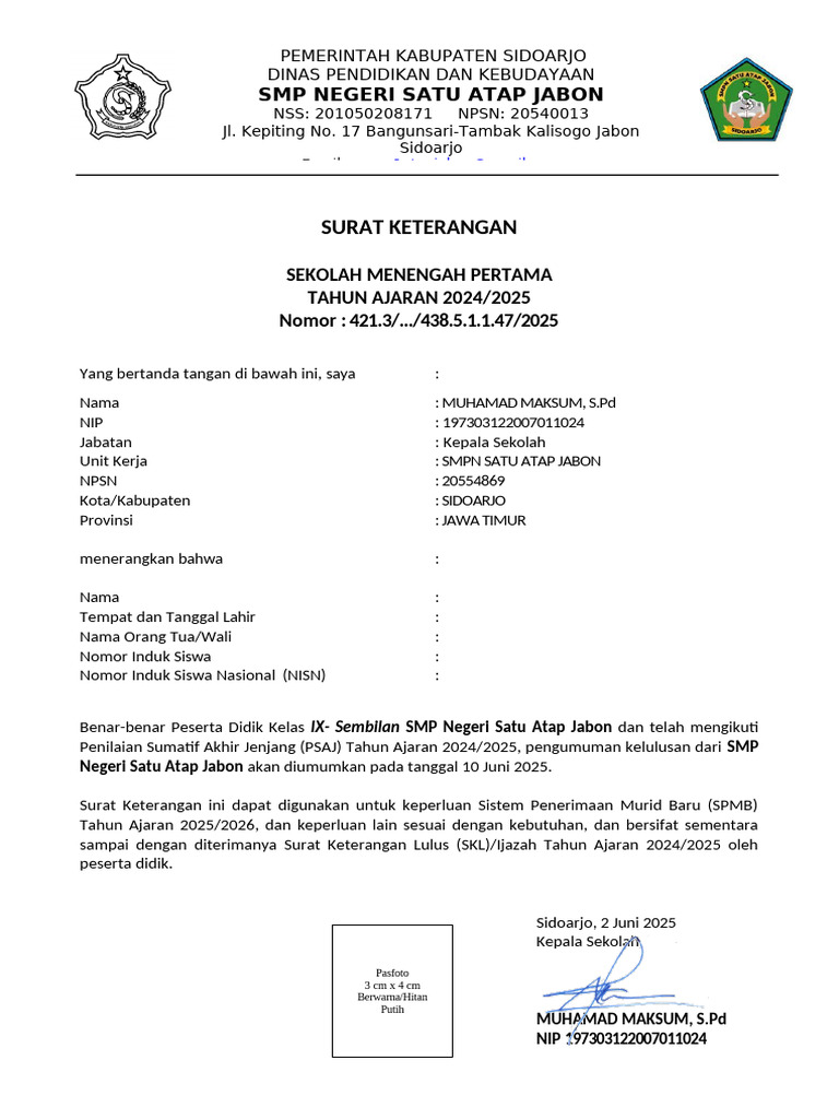 Surat Keterangan Lulus SMP Jabon 2025 | PDF