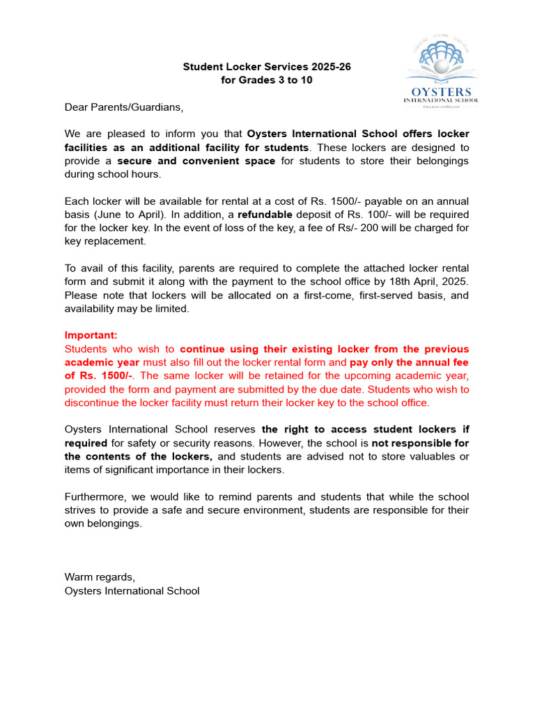 OIS Locker Services Circular 2025-26 | PDF | Fee