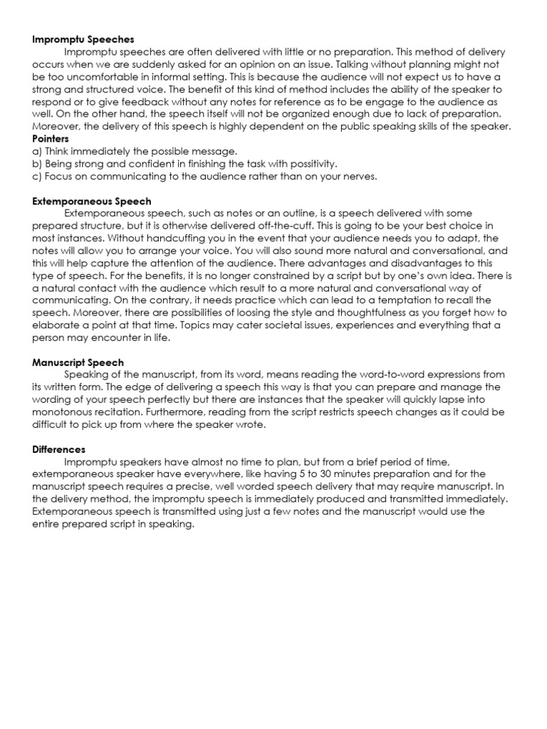 Types of Speech Delivery Methods | PDF | Storytelling | Monologue