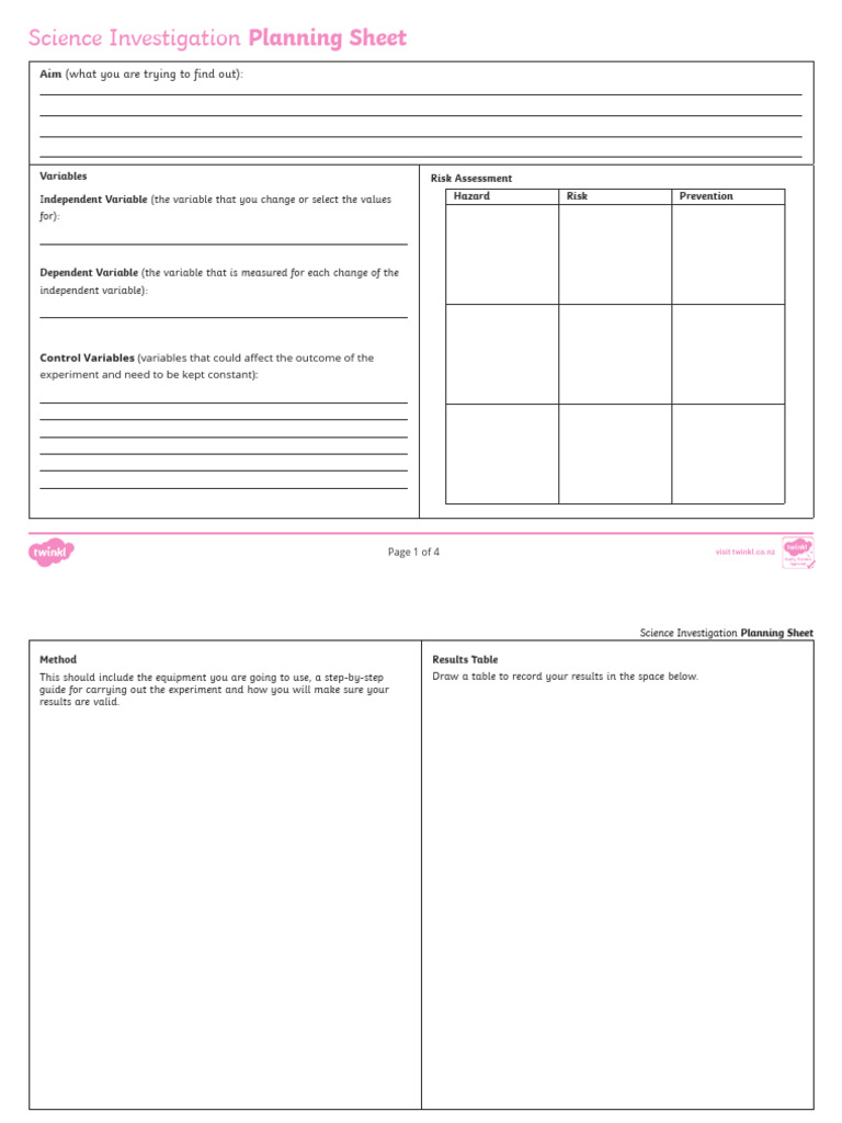 Blank Science Investigation Planning Sheets A4 | PDF