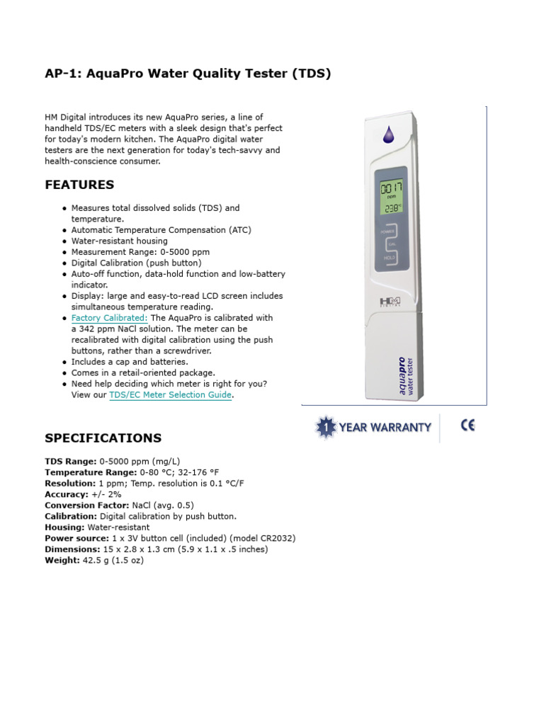 AquaPro TDS Meter Overview and Specs | PDF