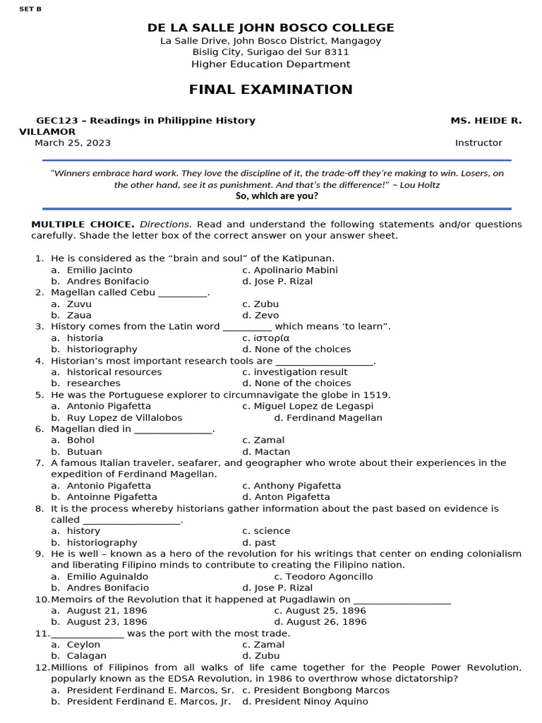 MIDTERM TQ, TOS, AnswerSheetKey B | PDF | Philippines | Spanish East Indies