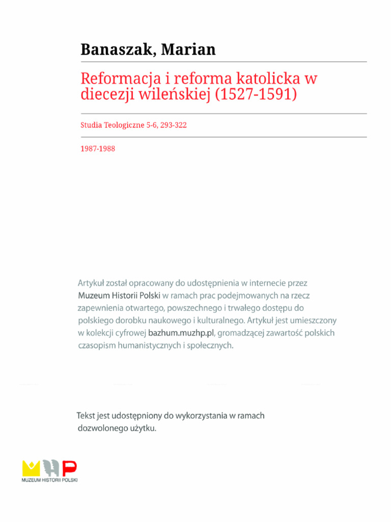 reformacja I Reformam Katolicka W Dziecezji Wileńskiej | PDF