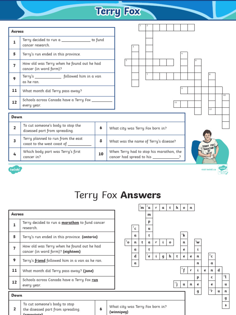 Terry Fox Crossword Puzzle Answers | PDF | Word Puzzles | Puzzles