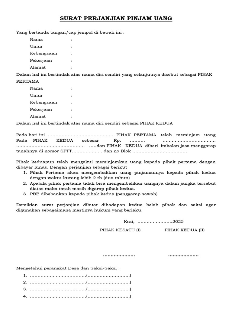 Surat Perjanjian Pinjam Uang | PDF