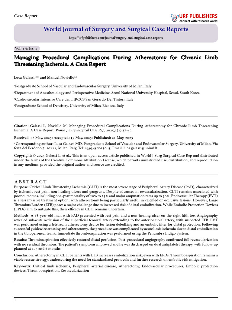 Managing Procedural Complications During Atherectomy For Chronic Limb Threatening Ischemia: A ...