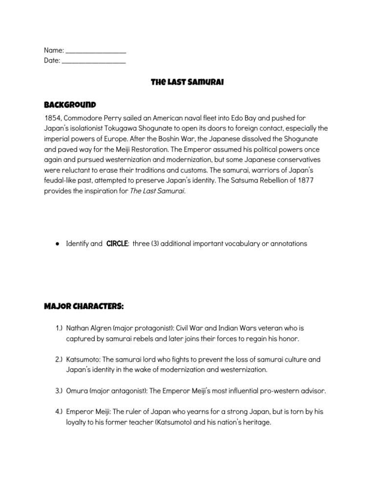 The Last Samurai Worksheet | PDF | Empire Of Japan | Samurai