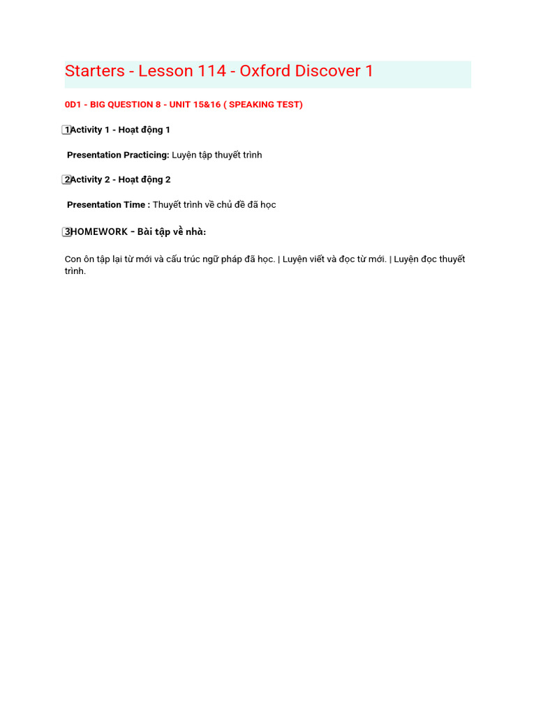 Starters - Lesson 114 - Oxford Discover 1 | PDF