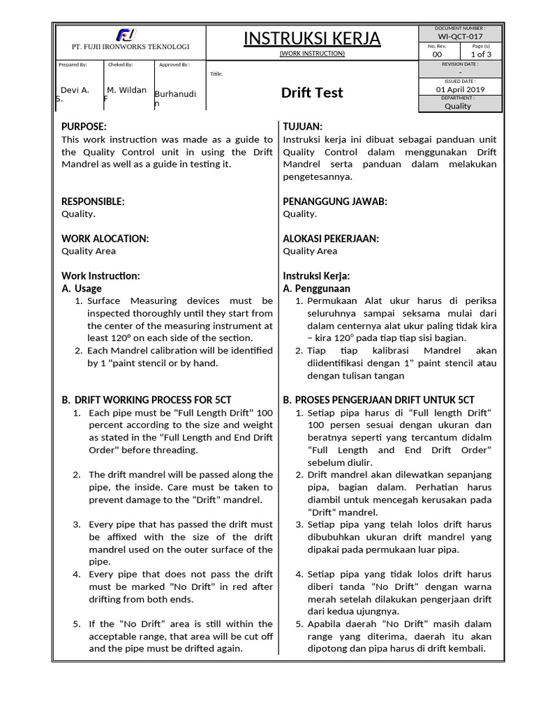 Instruksi Kerja Drift Test 5CT dan 6A | PDF