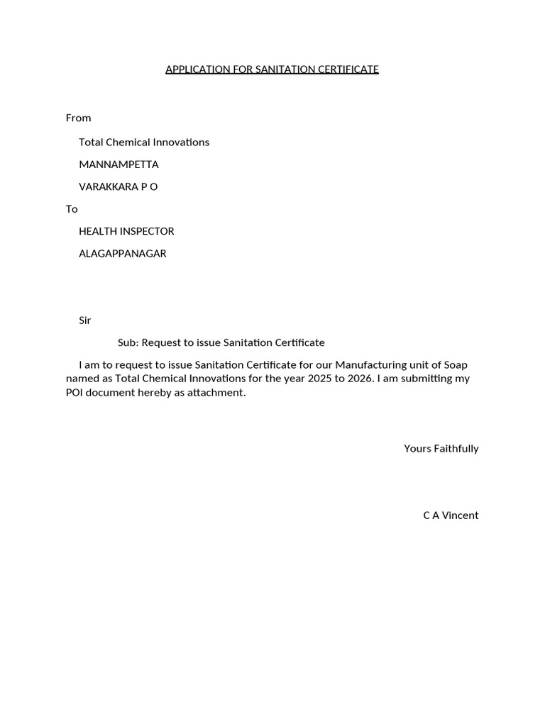 Sanitation Certificate Application 2025-2026 | PDF