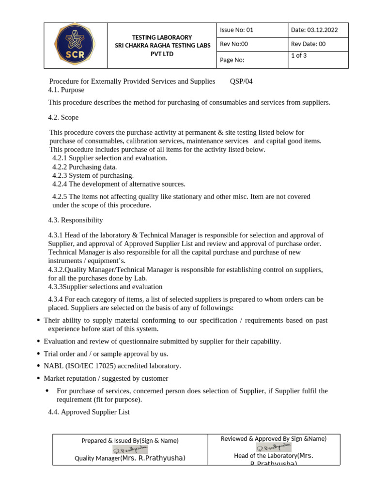 4.QSP-04 Procedure For Externally Provided Services and Supplies | PDF | Calibration | Laboratories