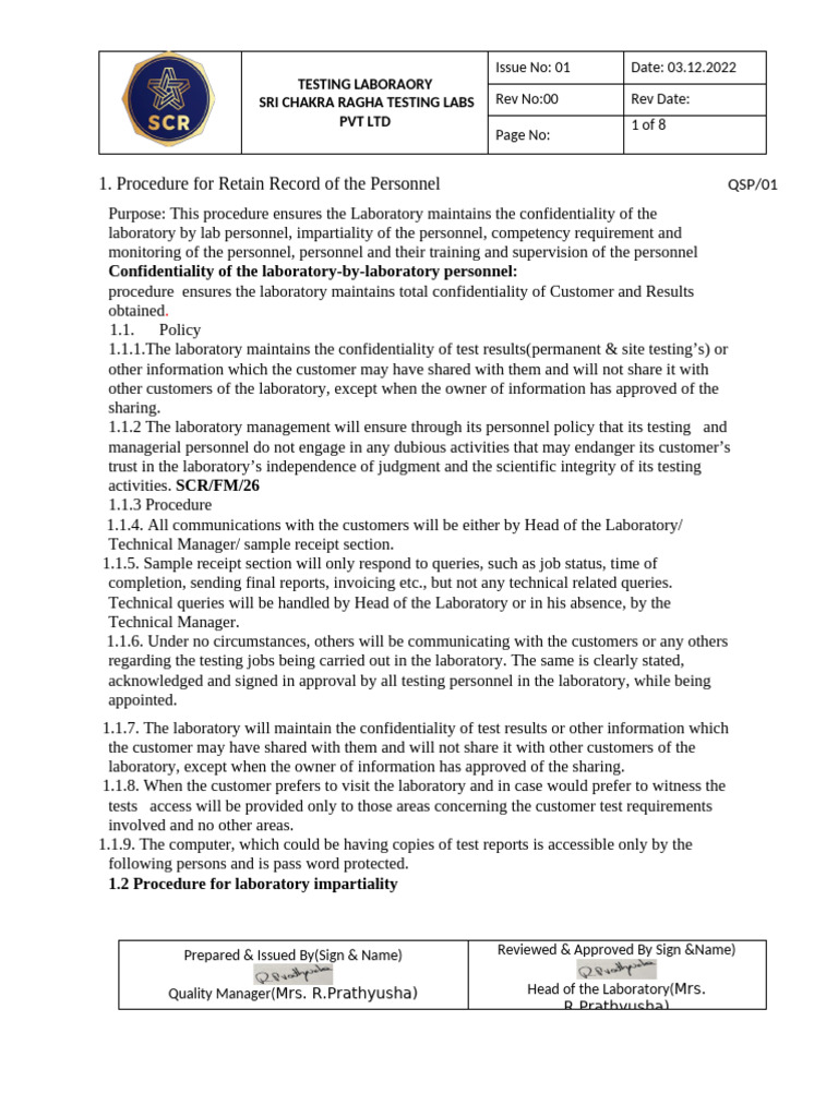1.QSP-01 Procedure For Retain Record of The Personnel | PDF ...