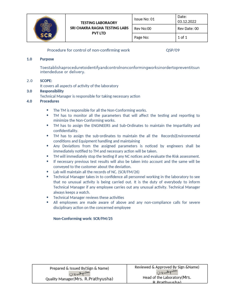 Control of Non-Conforming Work in Labs | PDF | Laboratories