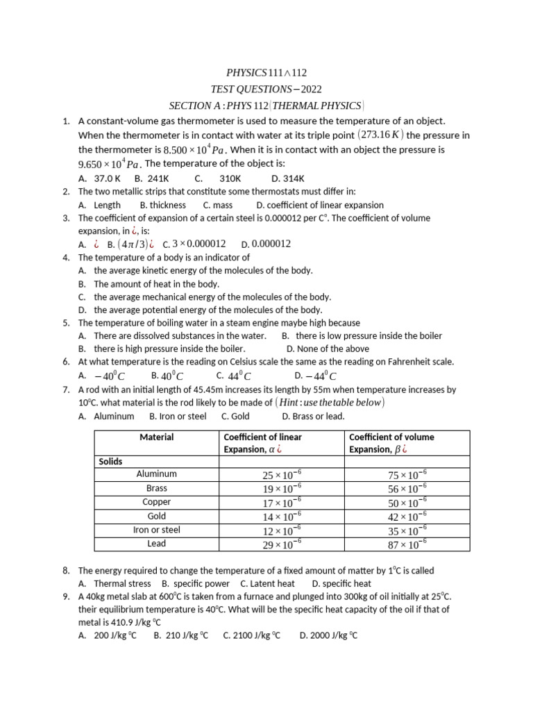 PHYS 112 Thermal Physics Test Questions | PDF | Thermal Expansion ...