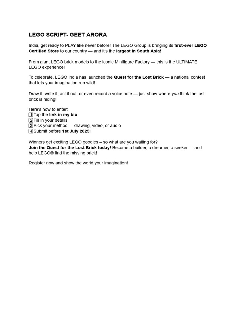 Lego Script - Geet Arora | PDF
