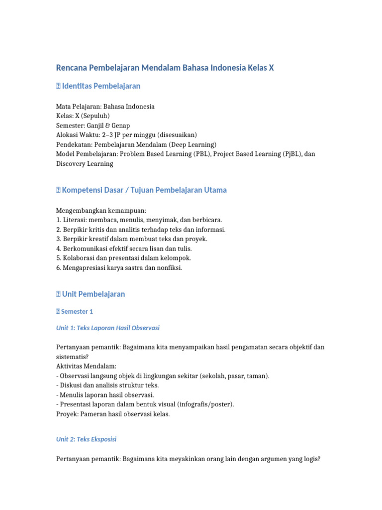Rencana Pembelajaran Bahasa Indonesia X | PDF