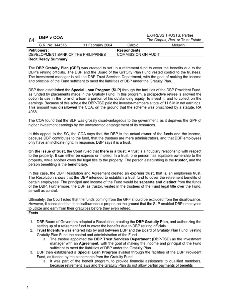 DBP Gratuity Plan Trust Case Summary | PDF | Private Law | Common Law