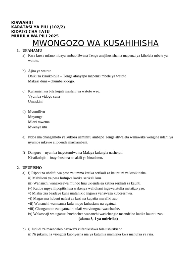 Kiswahili Form 3 Paper 2 MS | PDF