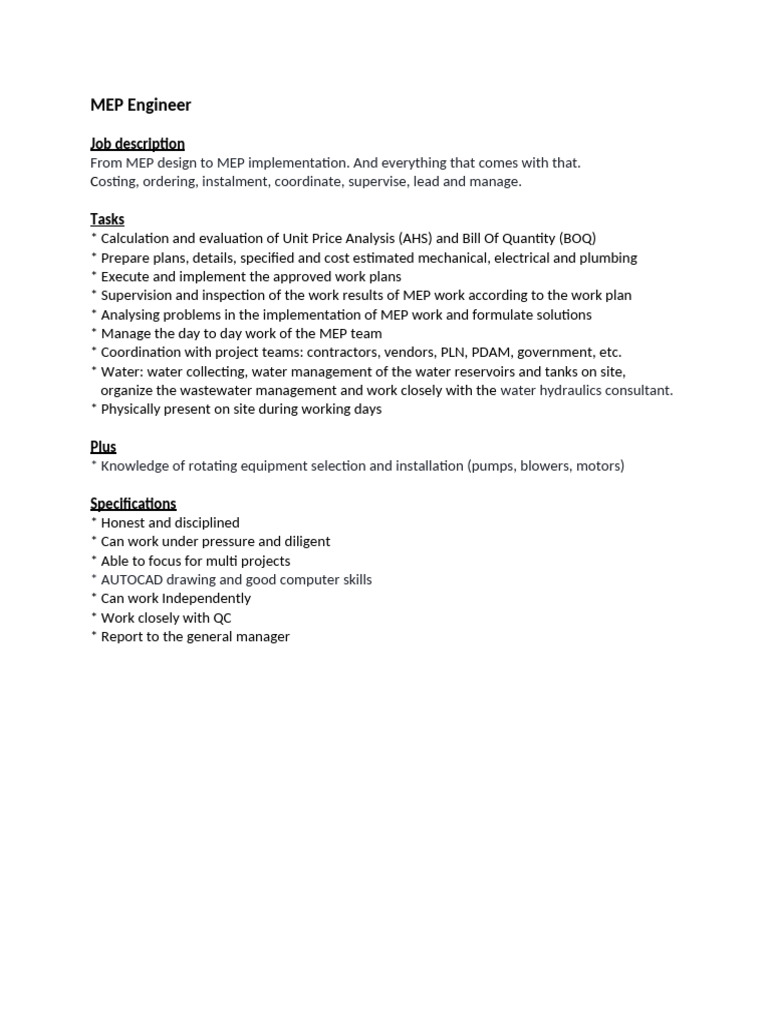 MEP Engineer Responsibilities Overview | PDF
