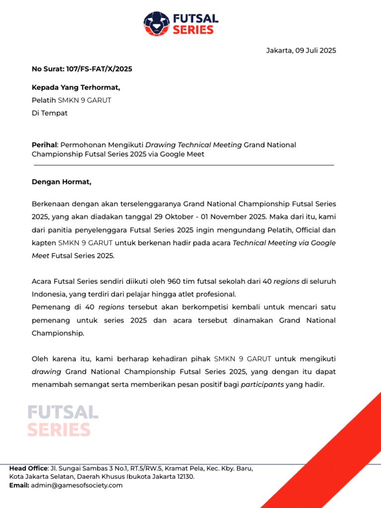Undangan Technical Meeting Futsal 2025 | PDF