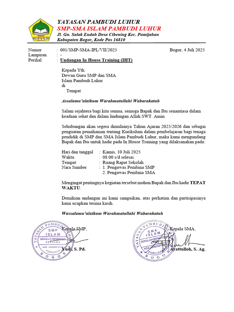 Undangan IHT SMP Dan SMA | PDF