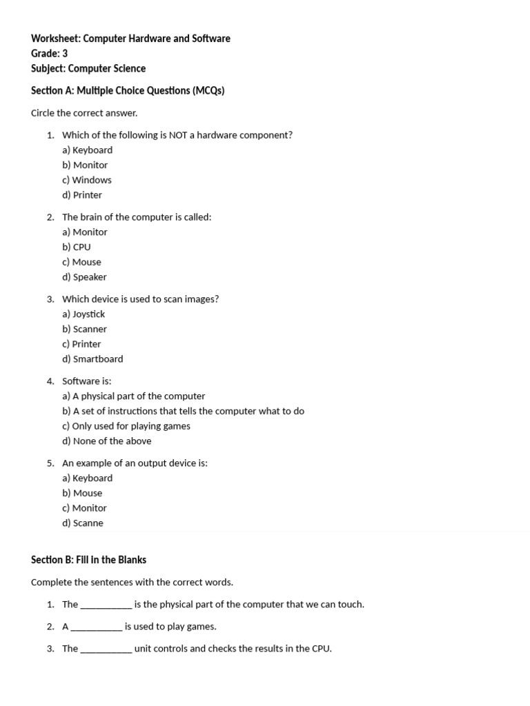 Computer Hardware and Software Worksheet | PDF
