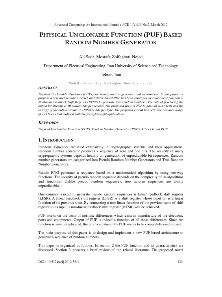 Physical Unclonable Function (PUF) Based Random Number Generator | PDF | Electronic Oscillator ...