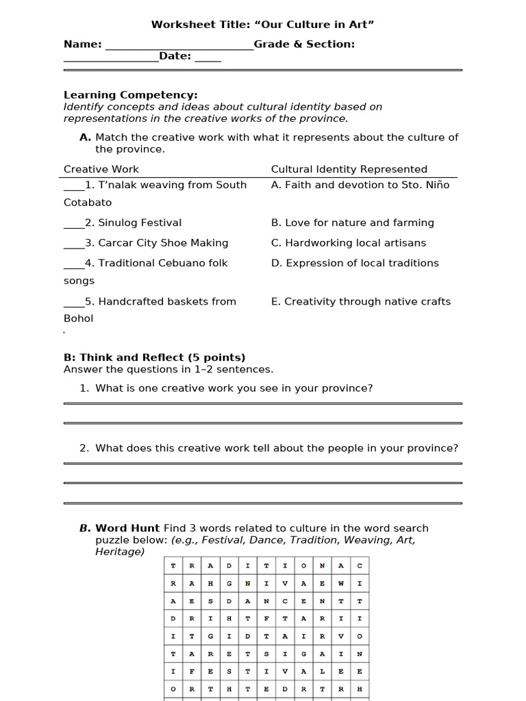 Cultural Identity Art Worksheet Grade 4 | PDF