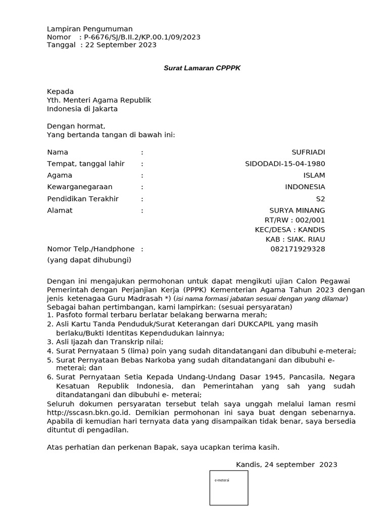 Surat Lamaran CPPPK 2023 | PDF