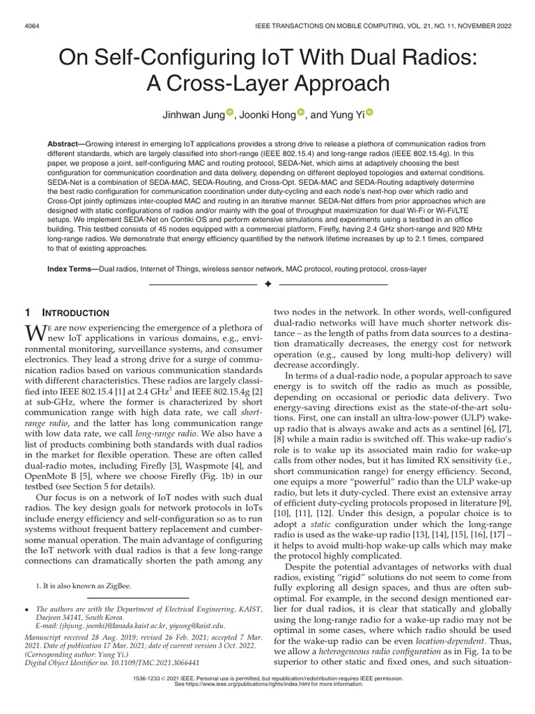 On Self-Configuring IoT With Dual Radios A Cross-Layer Approach | PDF | Computer Network | Routing